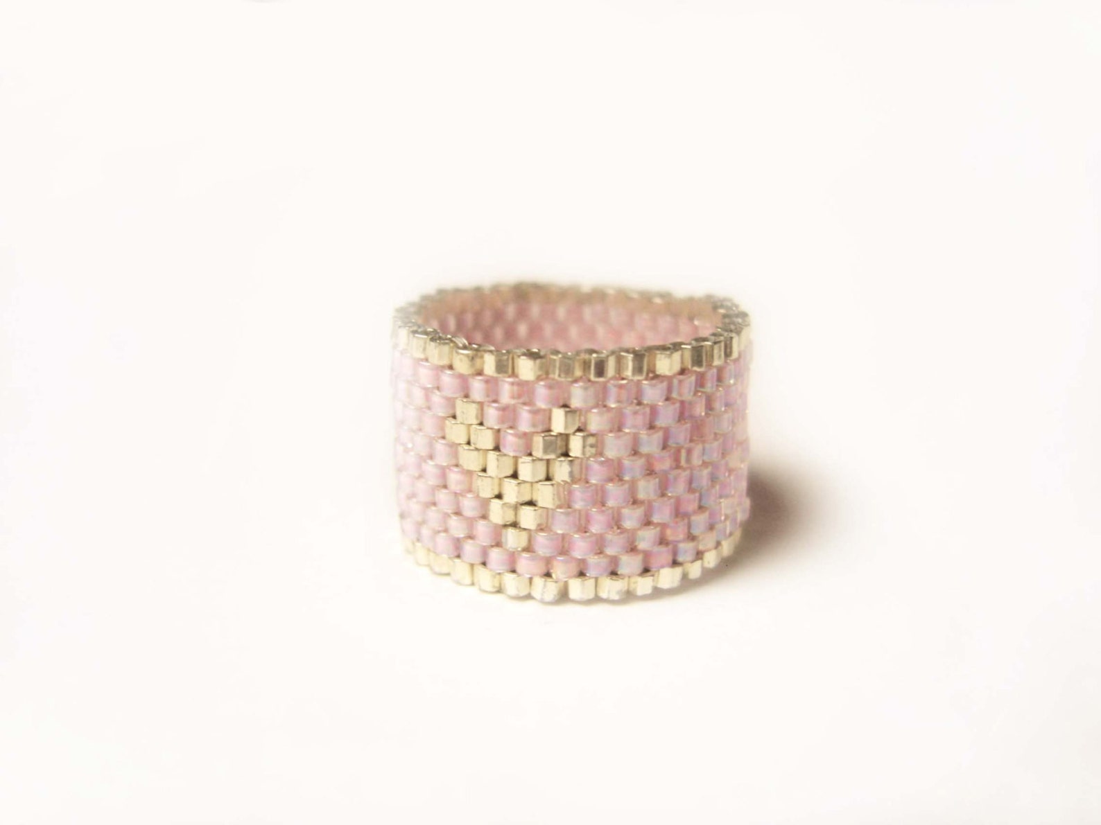 Seed Bead Ring, Pink Heart Ring, Silver Heart Ring, Beaded Ring, Heart ...