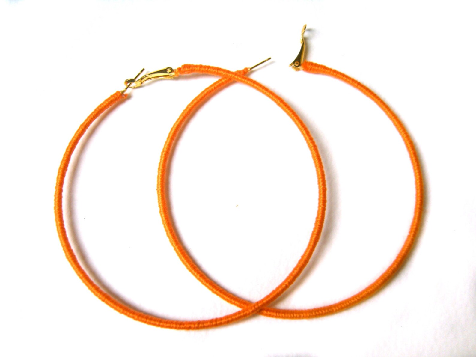 Orange Hoop Earrings, Large Hoops, Thread Wrapped Earrings, Lever Back ...