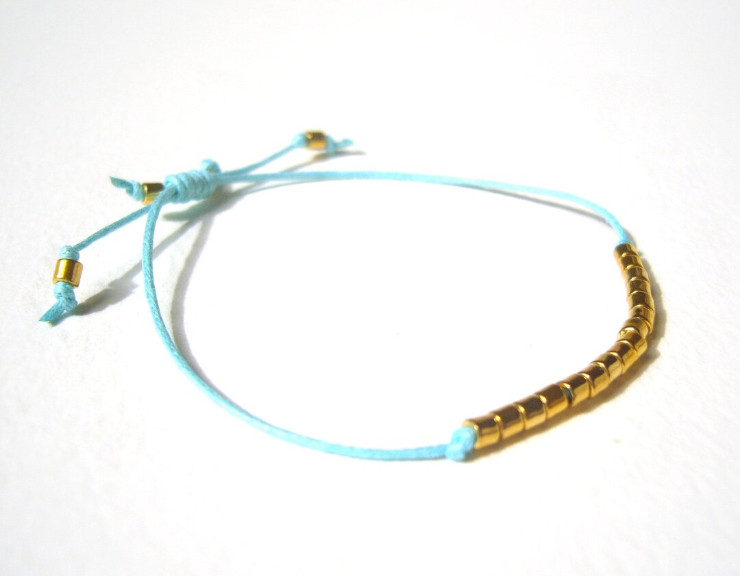 Beaded String Bracelet, Bright Blue Cord Bracelet, Gold Bead Bracelet ...