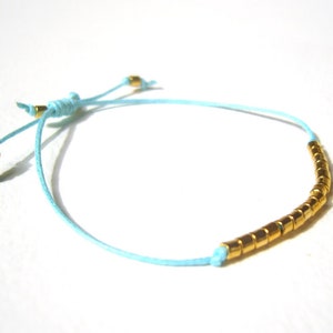Beaded String Bracelet, Bright Blue Cord Bracelet, Gold Bead Bracelet ...