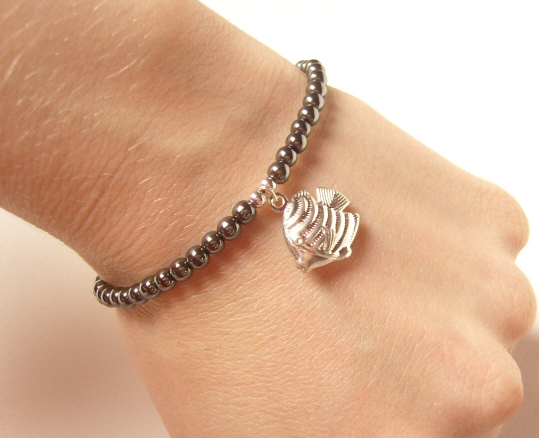 Silver Angel Fish Bracelet, Hematite Bracelet, Beaded Bracelet, Fish ...