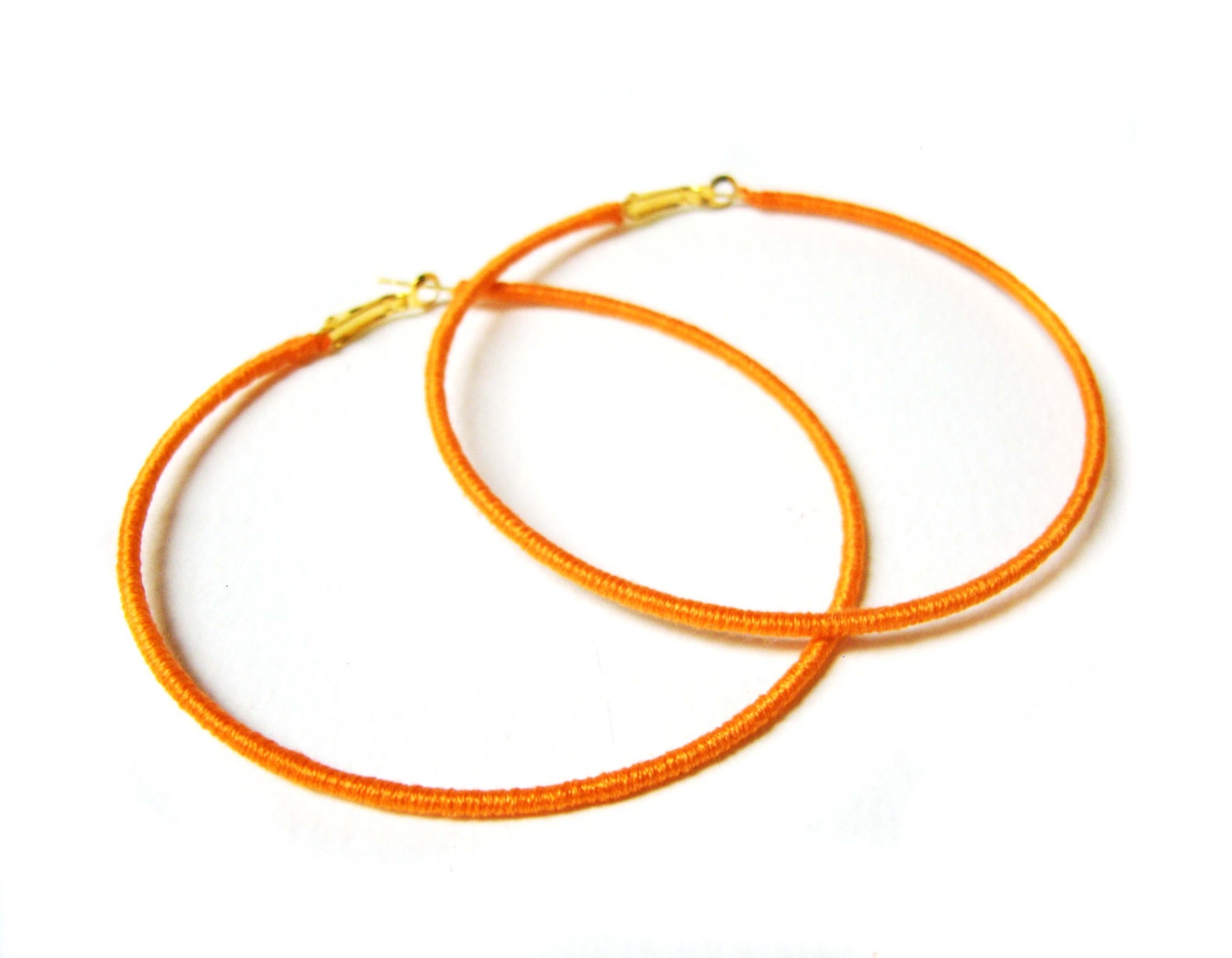 Orange Hoop Earrings, Large Hoops, Thread Wrapped Earrings, Lever Back ...