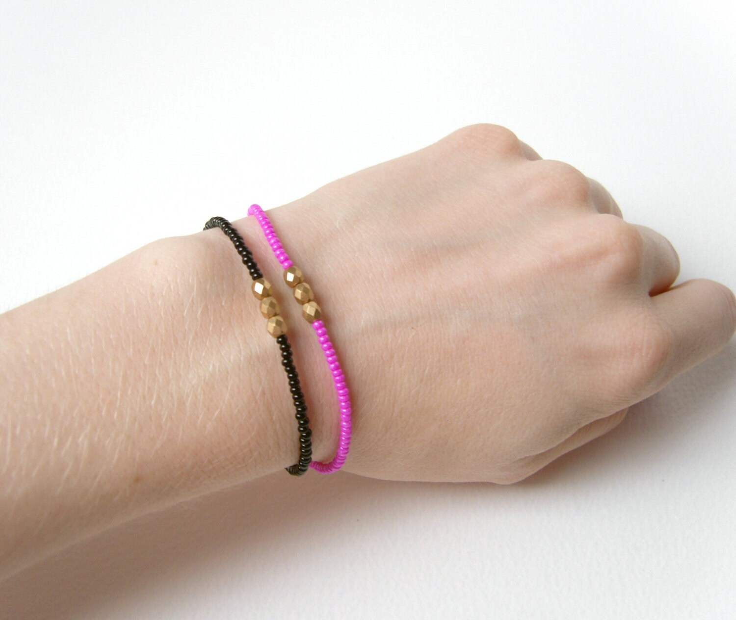 Hot Pink Bracelet, Beaded Friendship Bracelet, Gold Nugget Bracelet ...
