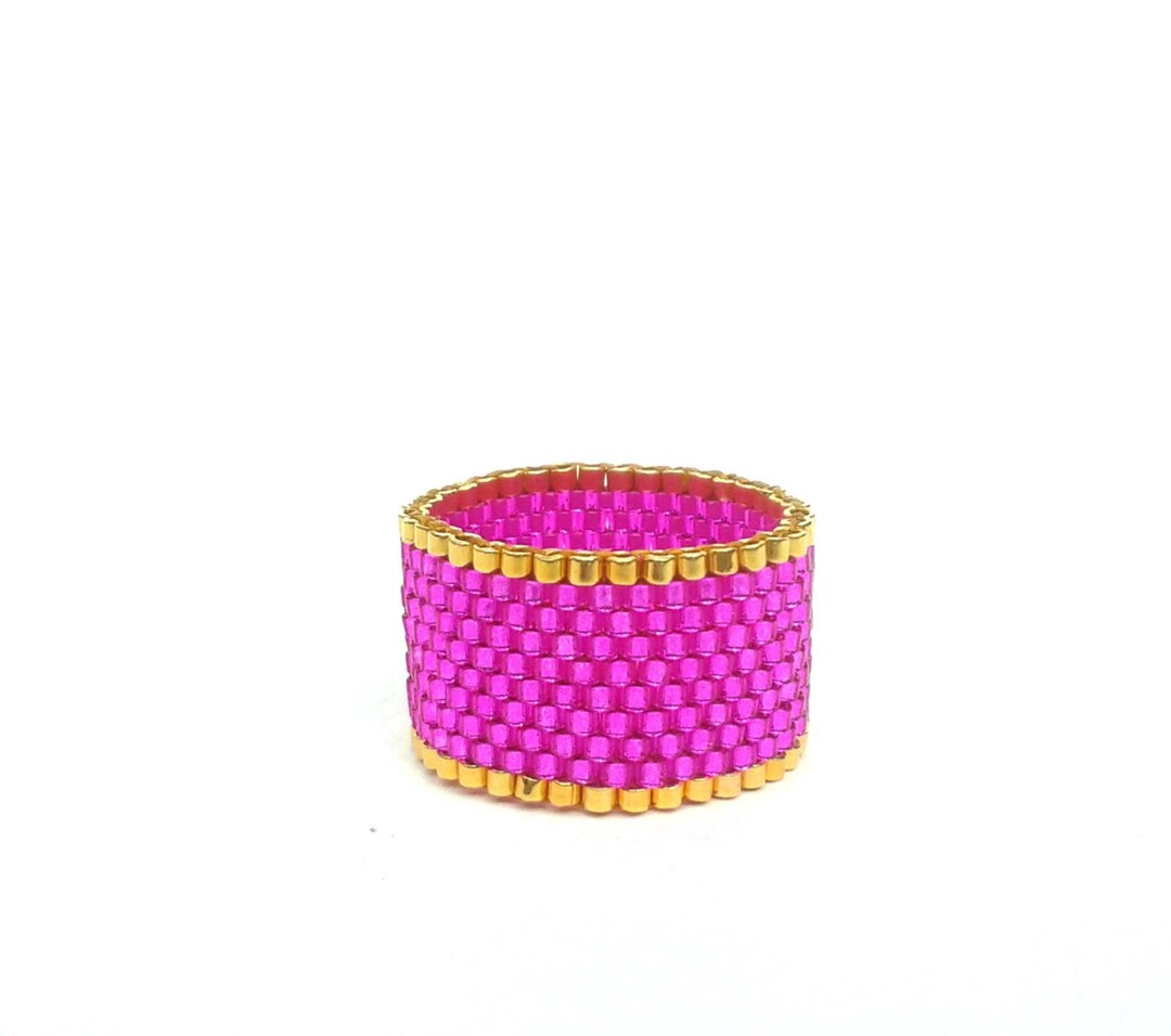 Metallic Pink Ring, Seed Beaded Ring, Gold Bead Ring, Hot Pink ...