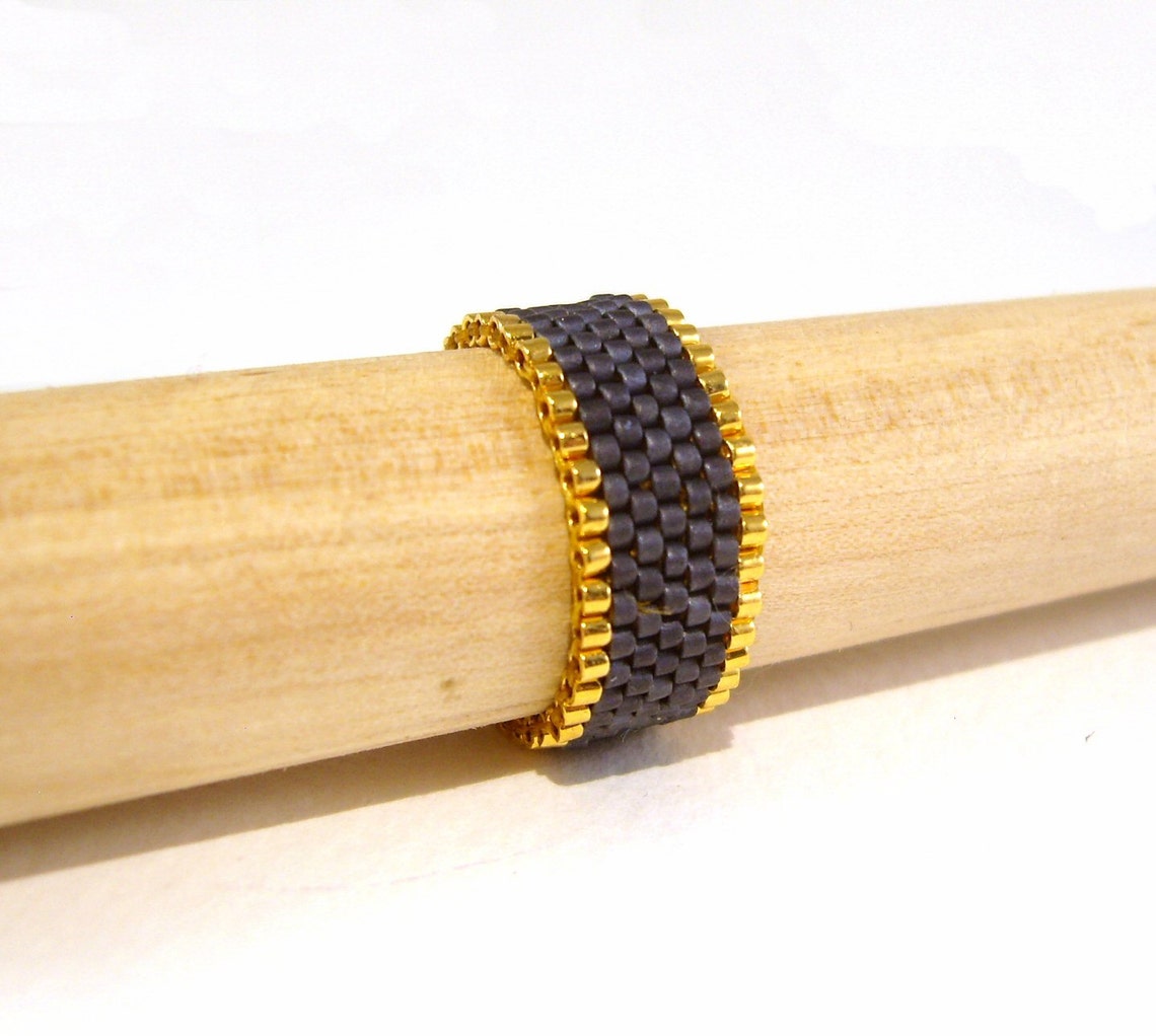 Seed Bead Ring, Matte Black Beaded Ring, Black and Gold Jewelry, UK ...