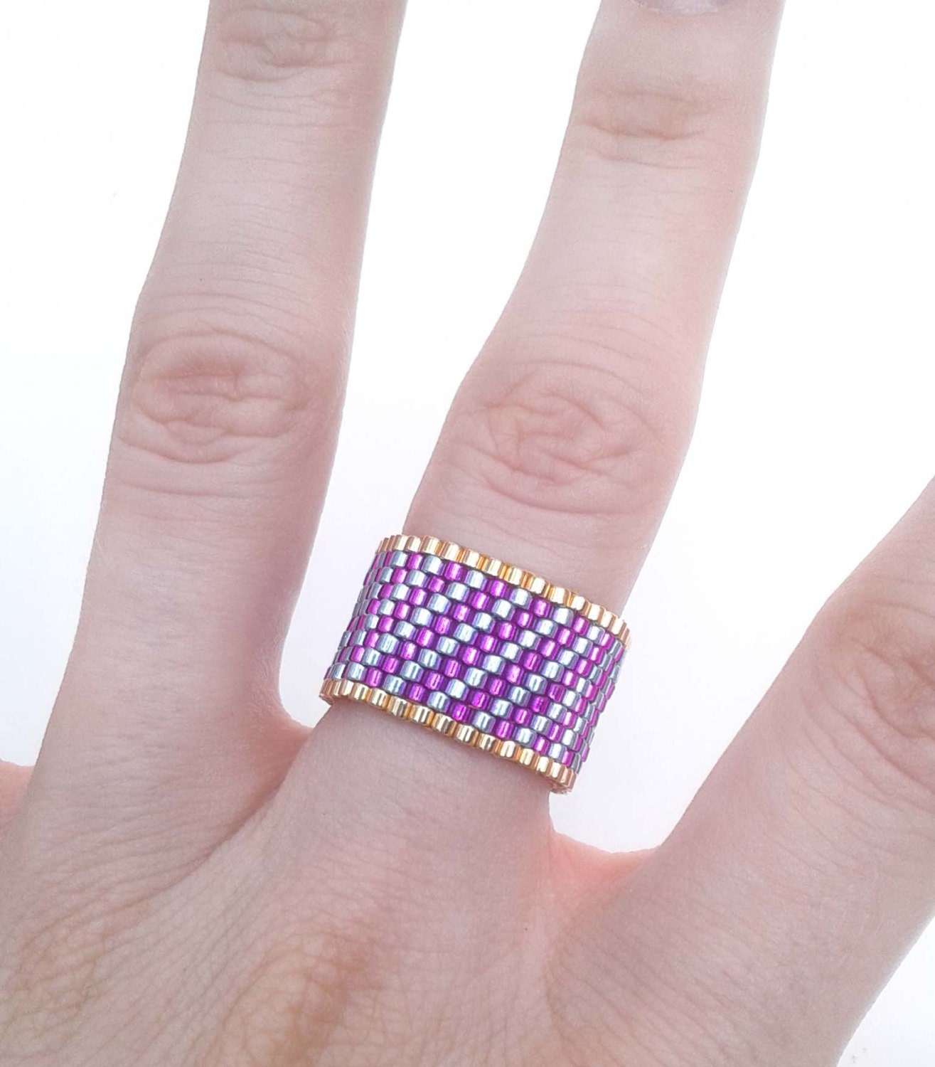 Seed Bead Ring, Pink and Blue Striped Ring, Beadwoven Ring, Beaded Ring ...