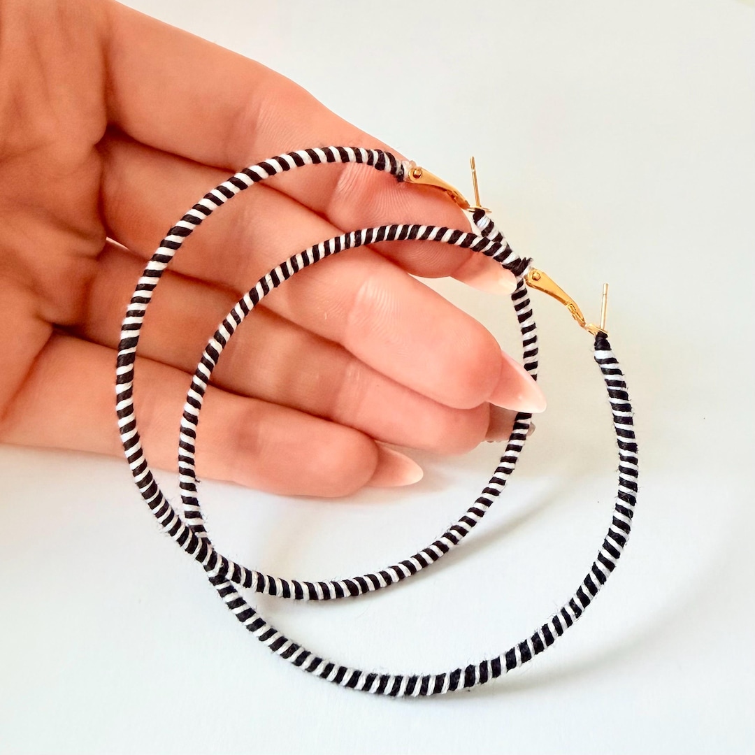 Black & White Striped Hoop Earrings – Bold Monochrome Statement Hoops ...