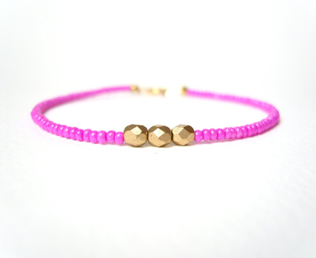 Hot Pink Bracelet, Beaded Friendship Bracelet, Gold Nugget Bracelet ...