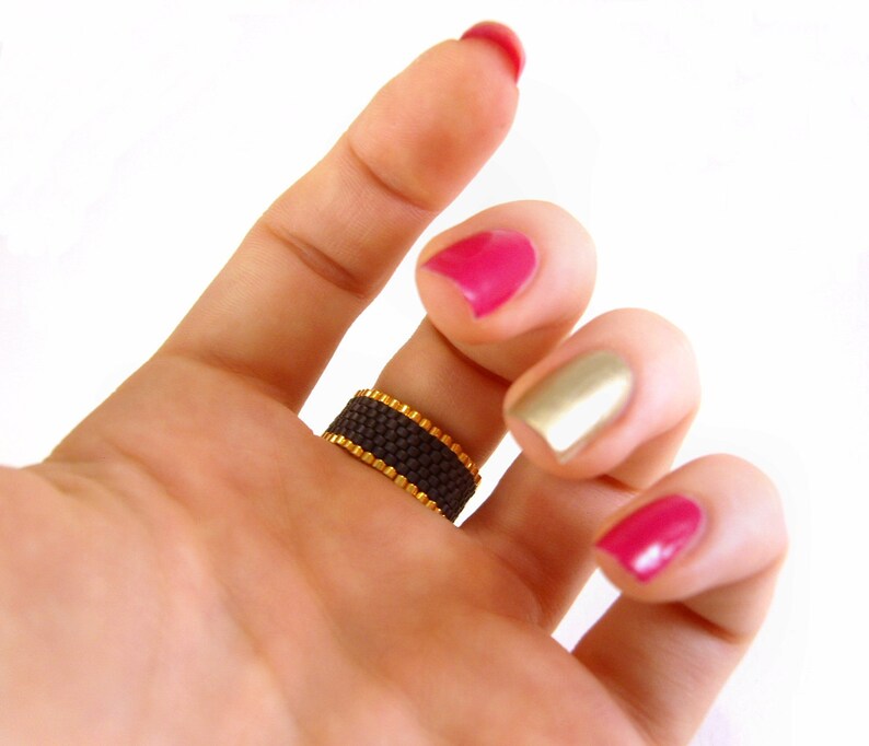 Seed Bead Ring, Matte Black Beaded Ring, Black and Gold Jewelry, UK ...