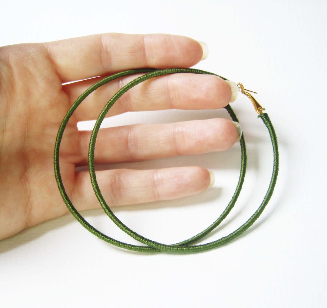 Mid Green Hoop Earrings, Thread Wrapped Hoops, Large Hoop Earings UK - Etsy