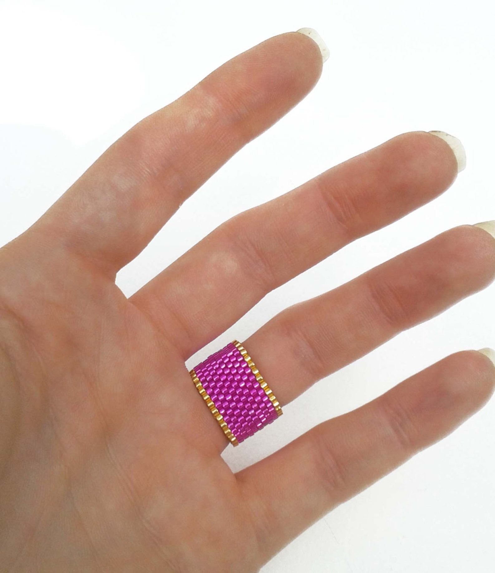 Metallic Pink Ring, Seed Beaded Ring, Gold Bead Ring, Hot Pink ...