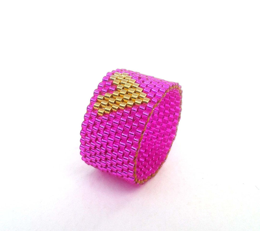 Gold Heart Ring, Fuchsia Pink Ring, Hot Pink Seed Bead Ring, Beadwoven ...