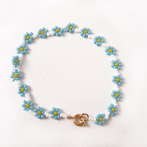 Blue Daisy Chain Bracelet, Bead Woven Flower Bracelet, Blue Flower ...