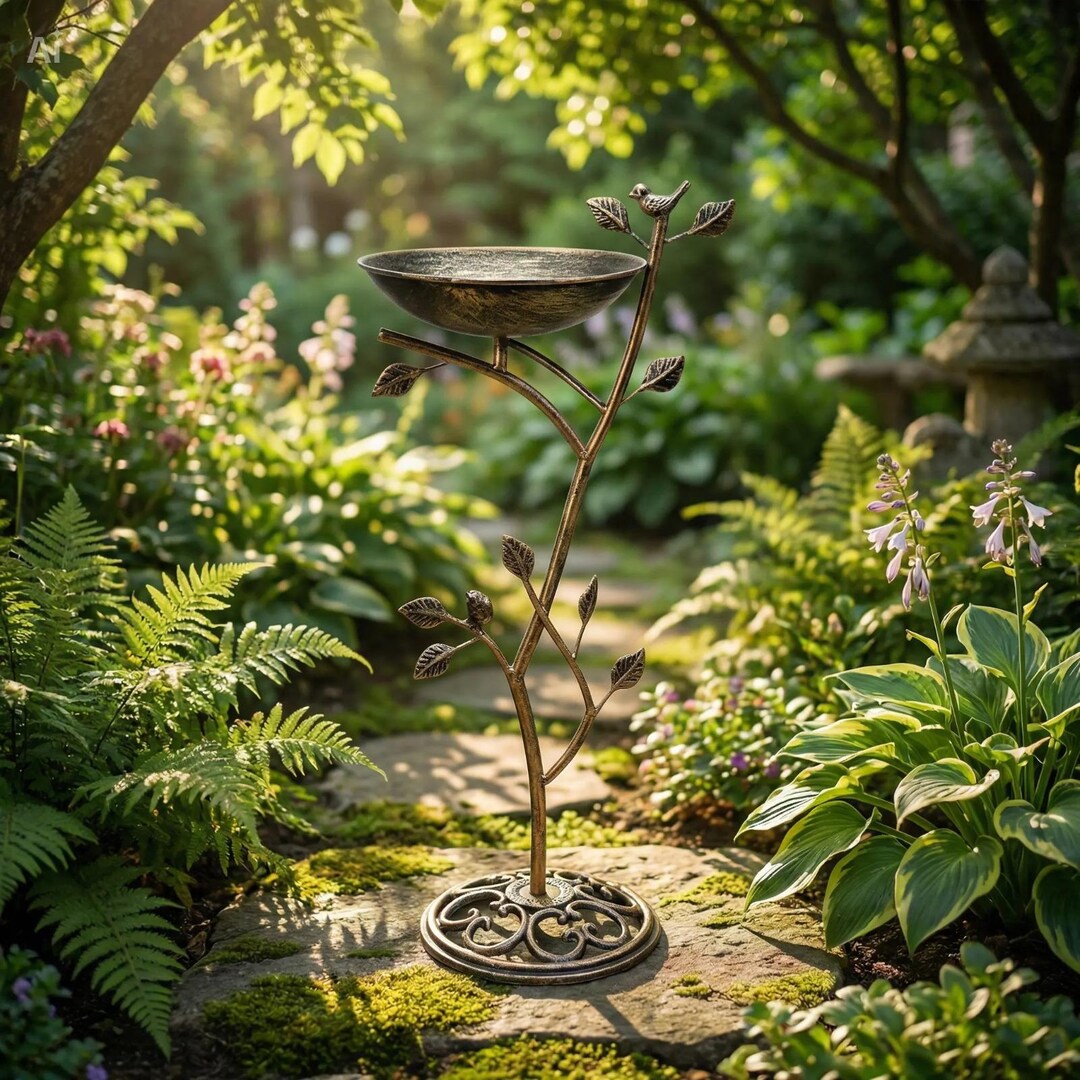 Cast Iron Pedestal Bird Bath: Vintage Garden Decor, 31in Tall, Rustic ...