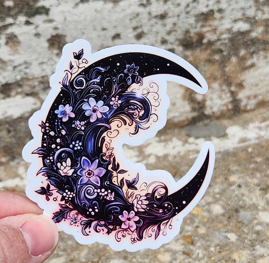 Dark Floral Moon Sticker | 3" Sticker | Vinyl Decal | Water Bottle ...