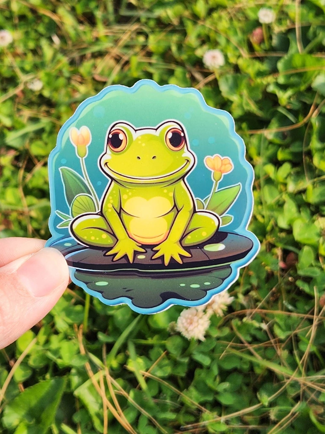 Happy Frog With Blue Background Sticker | 3" Sticker | Vinyl Decal ...