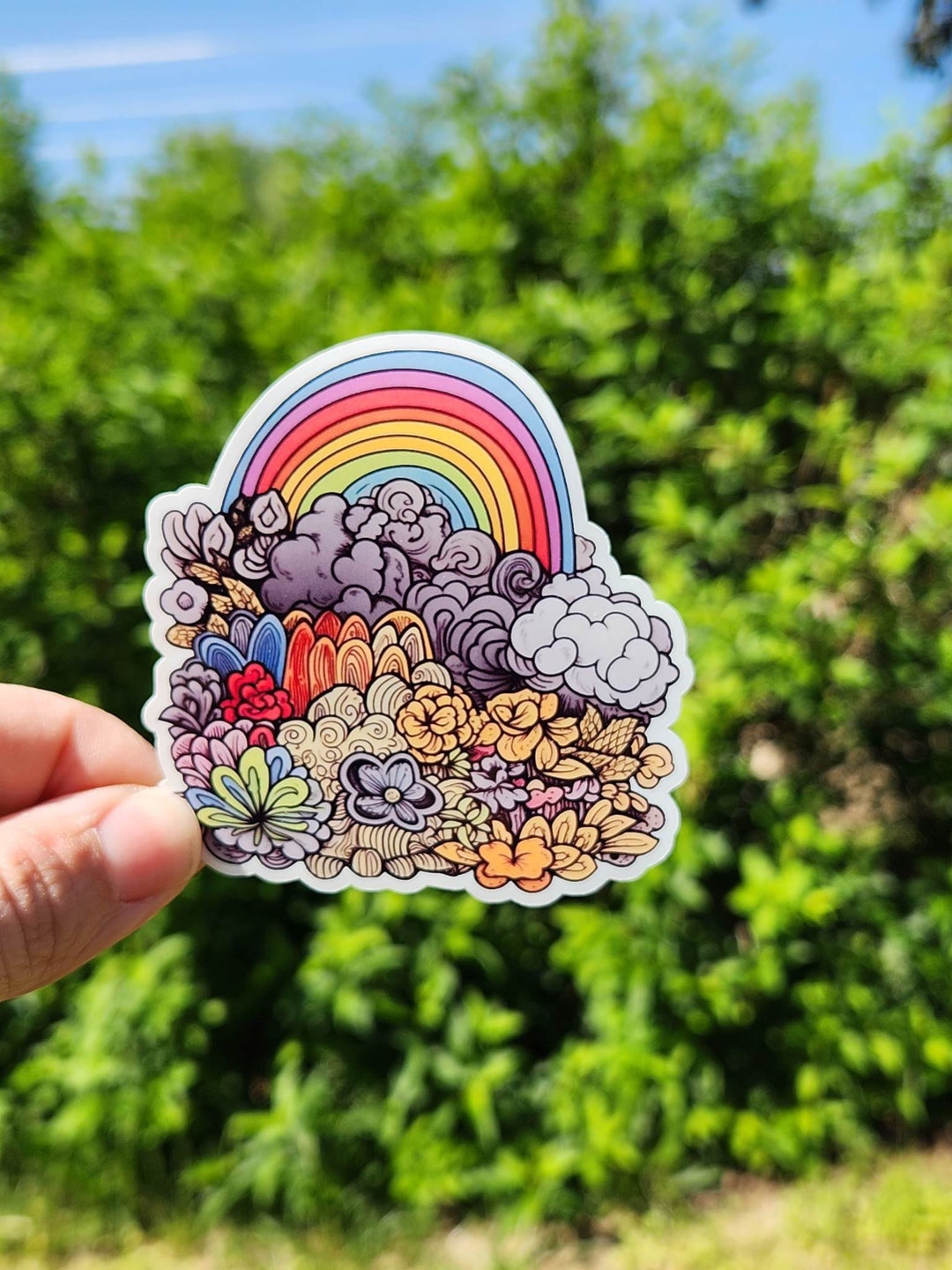 Cloudy Rainbow With Flowers Sticker | 3" Sticker | Vinyl Decal | Water ...