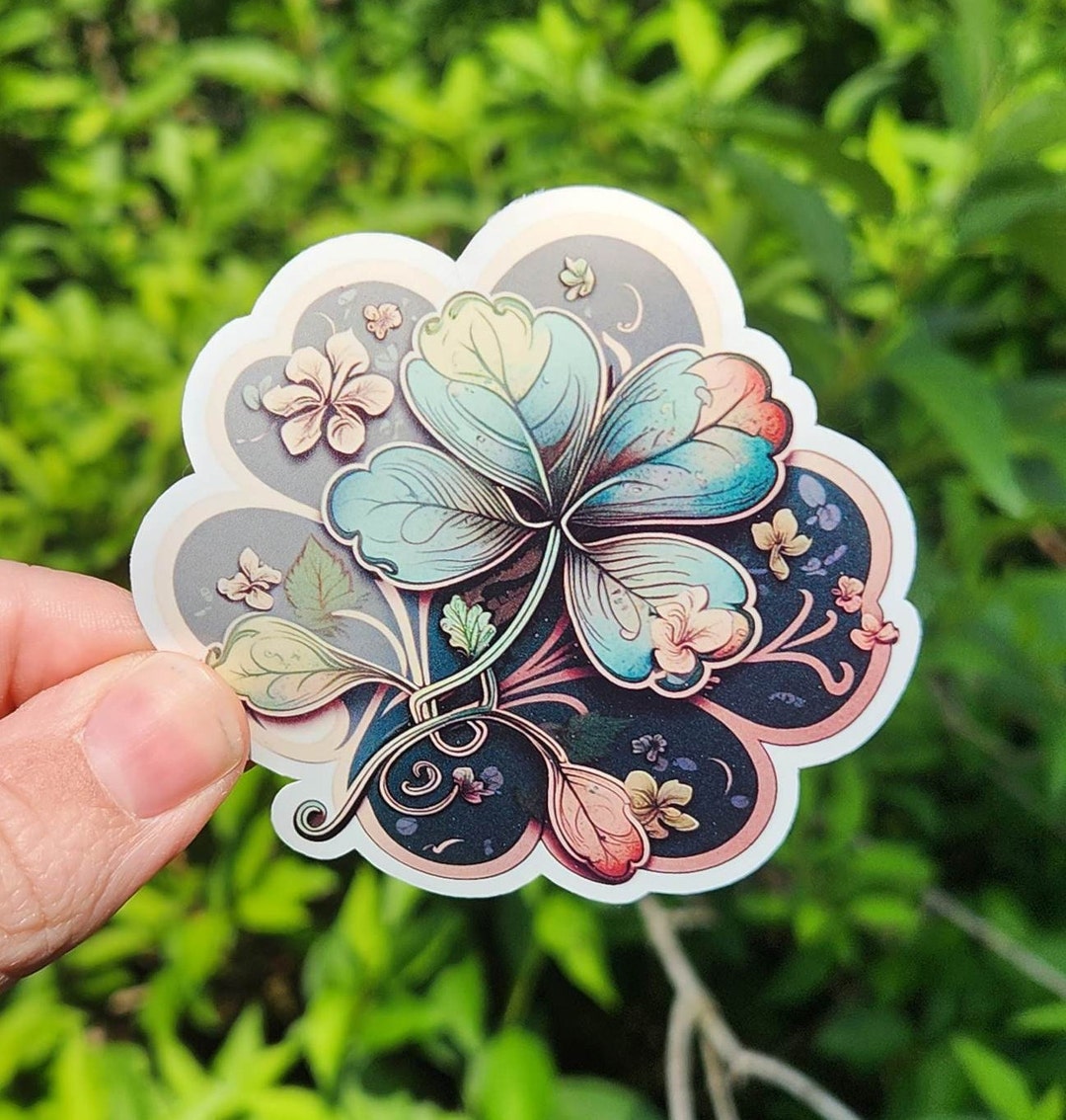 Whimsical Four Leaf Clover Sticker | 3" Sticker | Vinyl Decal | Water ...