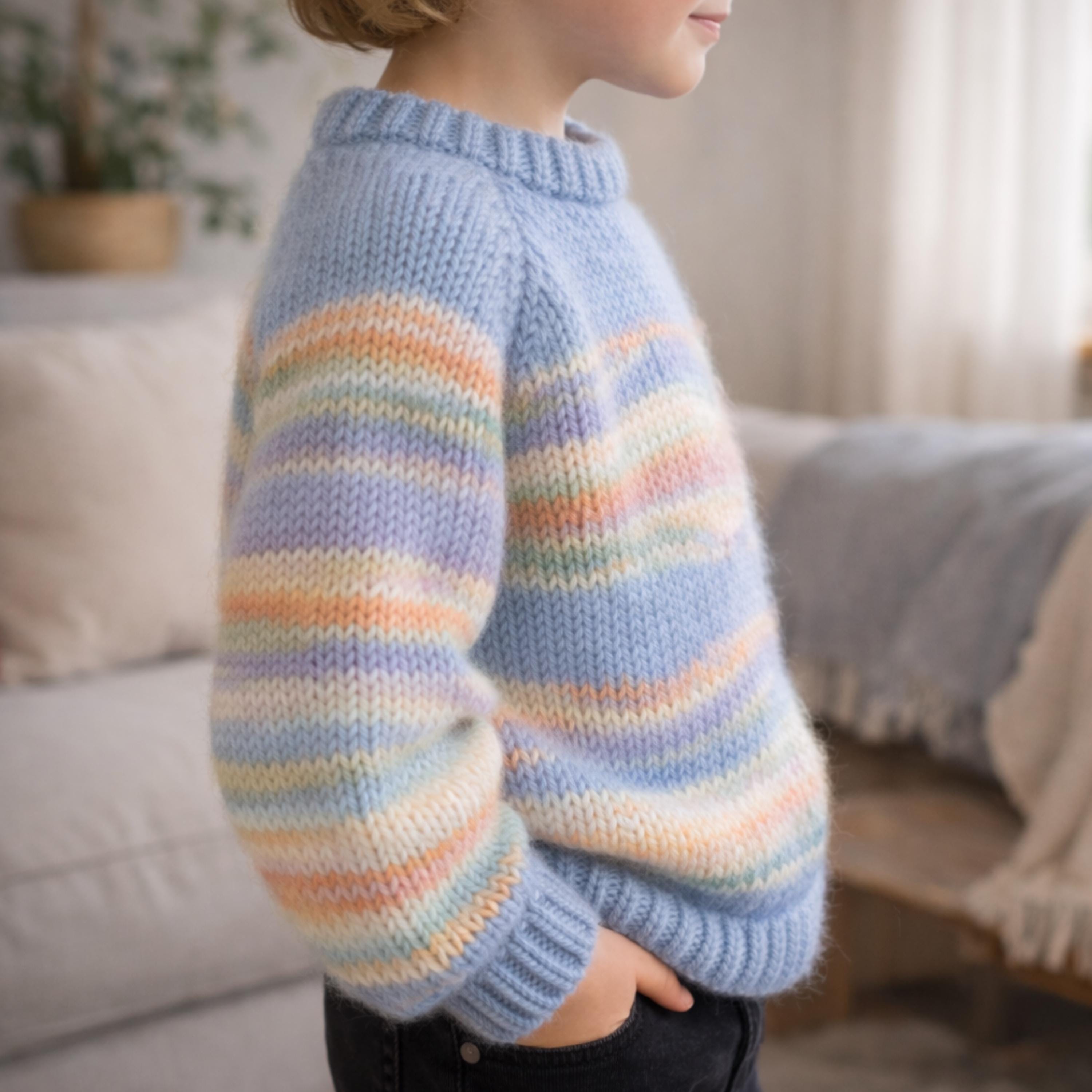 Kids Chunky Knit Sweater Pattern PDF, Top Down Raglan Pullover, Stripe ...
