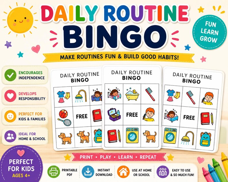 Daily Routine Bingo Printable PDF | Kids Routine Activity Game ...