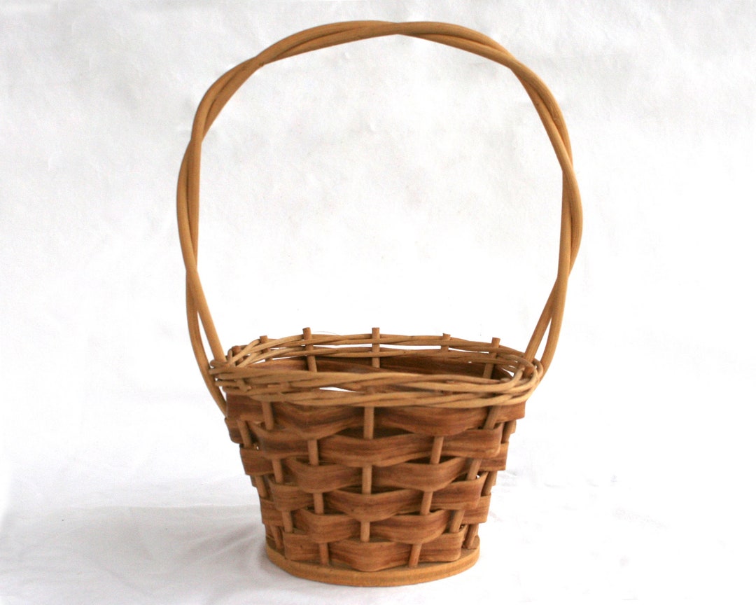 Vintage 1970s Small Woven Gathering Basket, High Round Handle, Natural ...