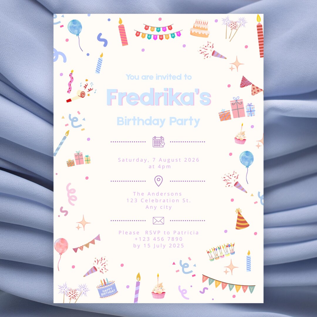 Kids Birthday Invitation Template, Colorful Party Invite, Editable ...