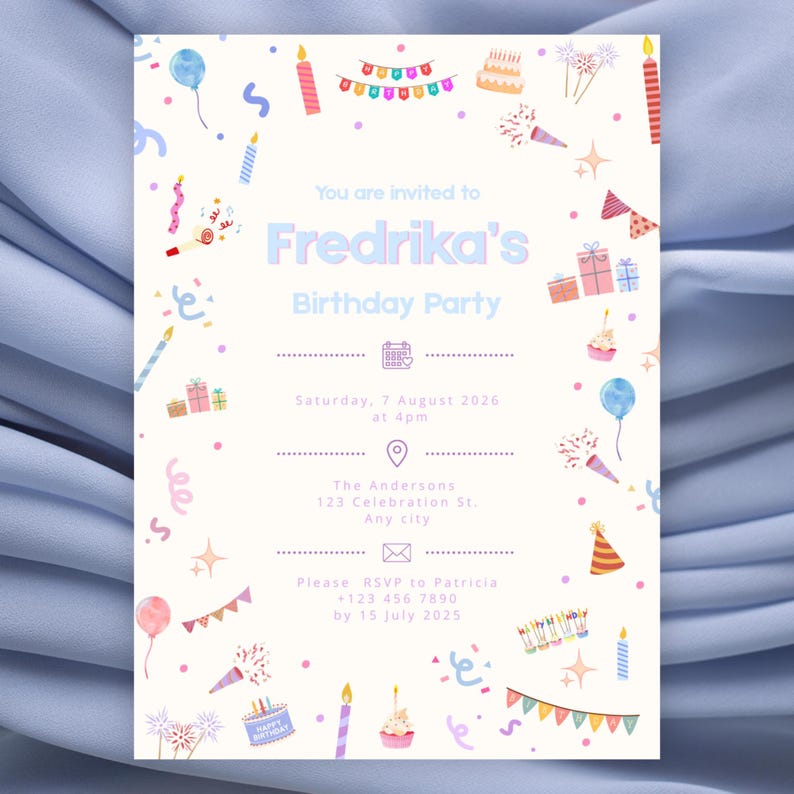 Kids Birthday Invitation Template, Colorful Party Invite, Editable ...