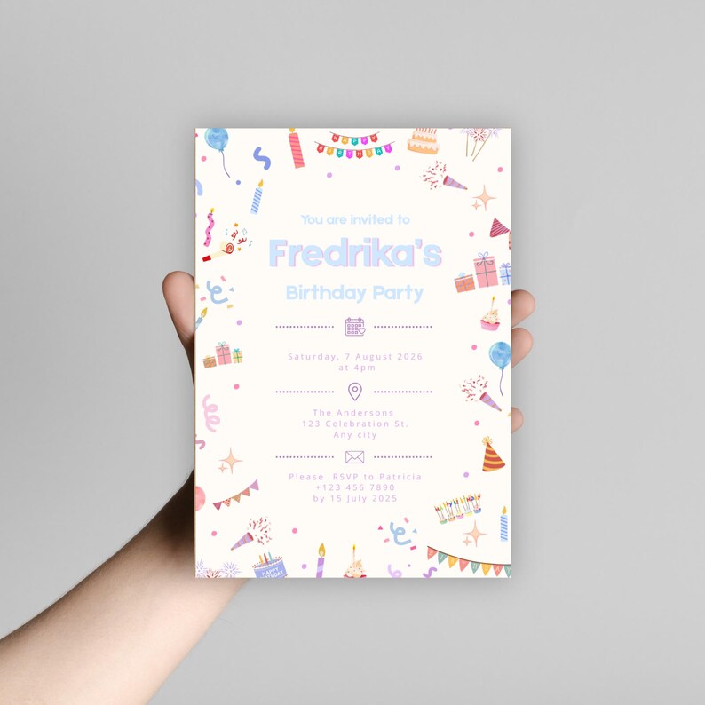 Kids Birthday Invitation Template, Colorful Party Invite, Editable ...