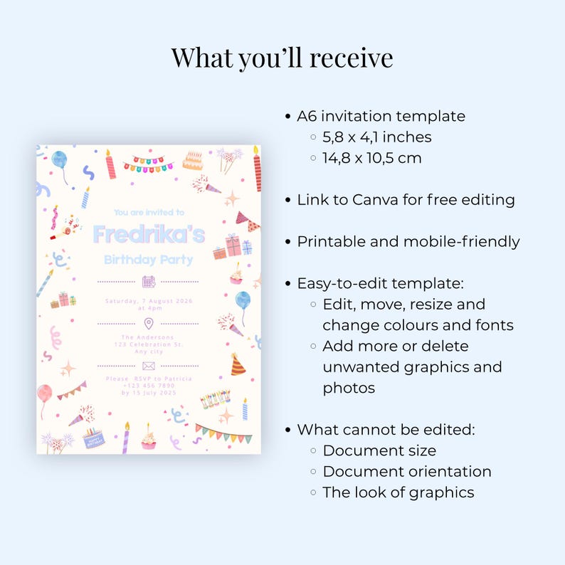 Kids Birthday Invitation Template, Colorful Party Invite, Editable ...