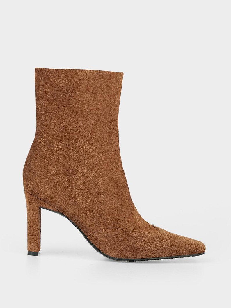 Brown Suede Pointed Toe Ankle Boots, Block Heel Side Zipper Fashion ...