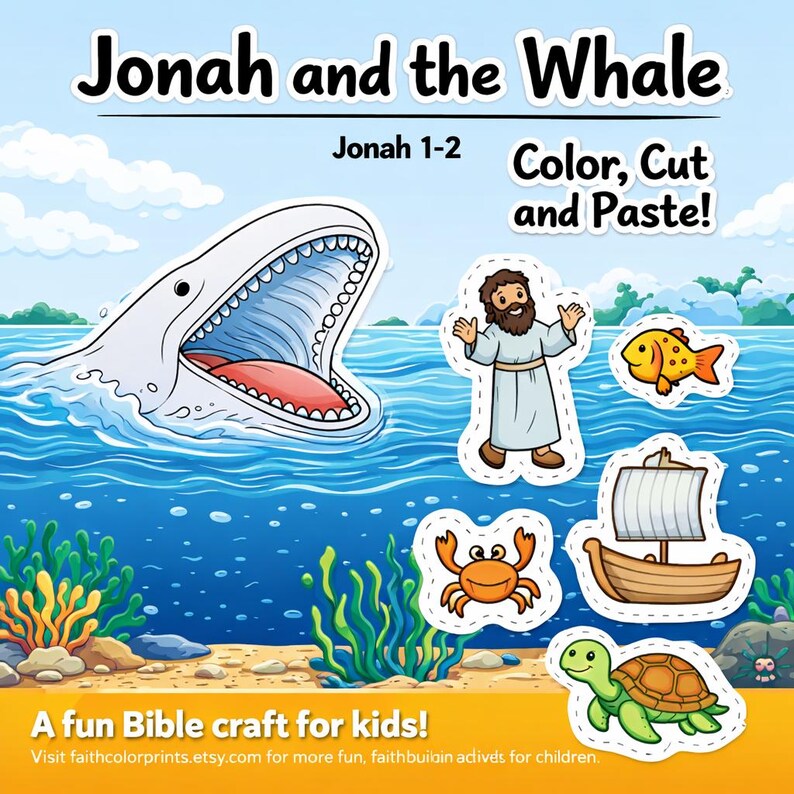Jonah and the Whale Craft Printable | Bible Story Coloring Cut and ...