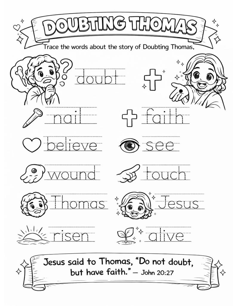 Doubting Thomas Bible Activity for Kids, Sunday School Lesson Printable ...