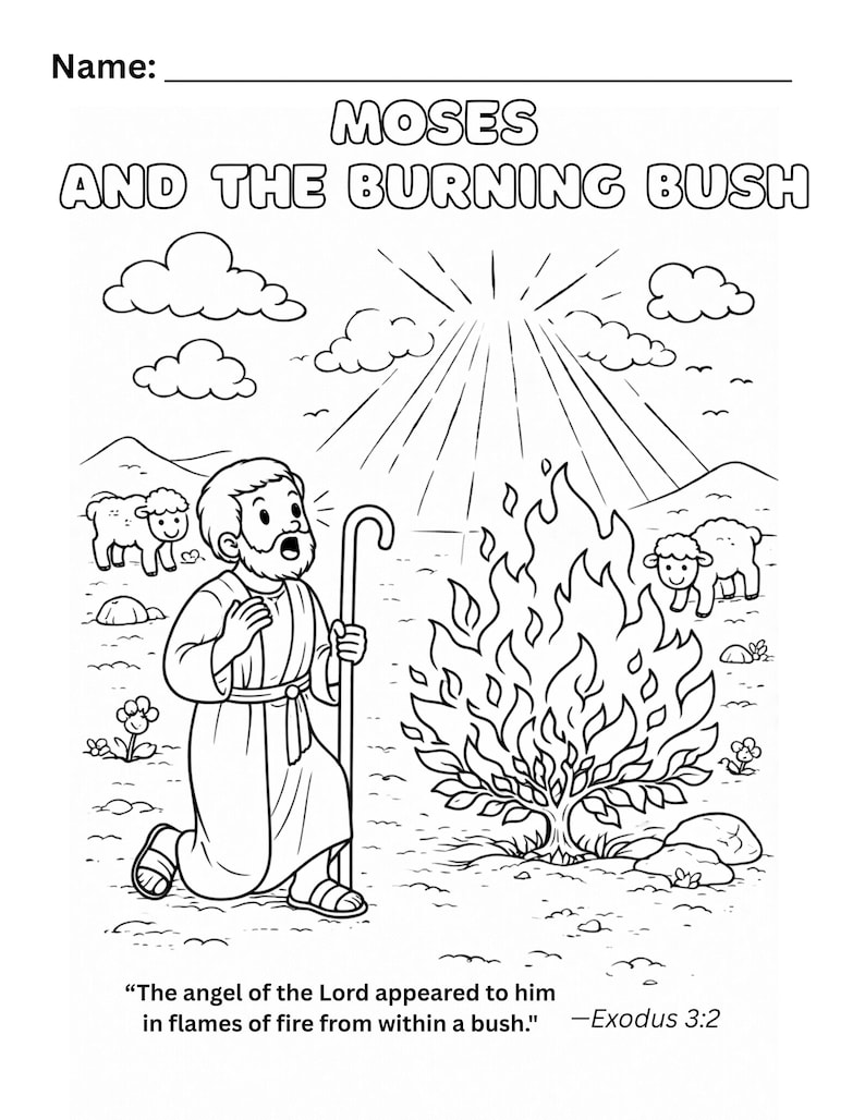 Moses & the Burning Bush Coloring Page Printable, Exodus 3 Bible Story ...