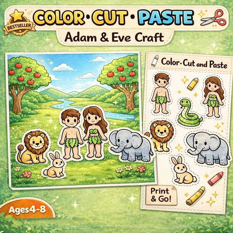 Adam and Eve Craft Printable | Bible Story Coloring Cut and Paste ...