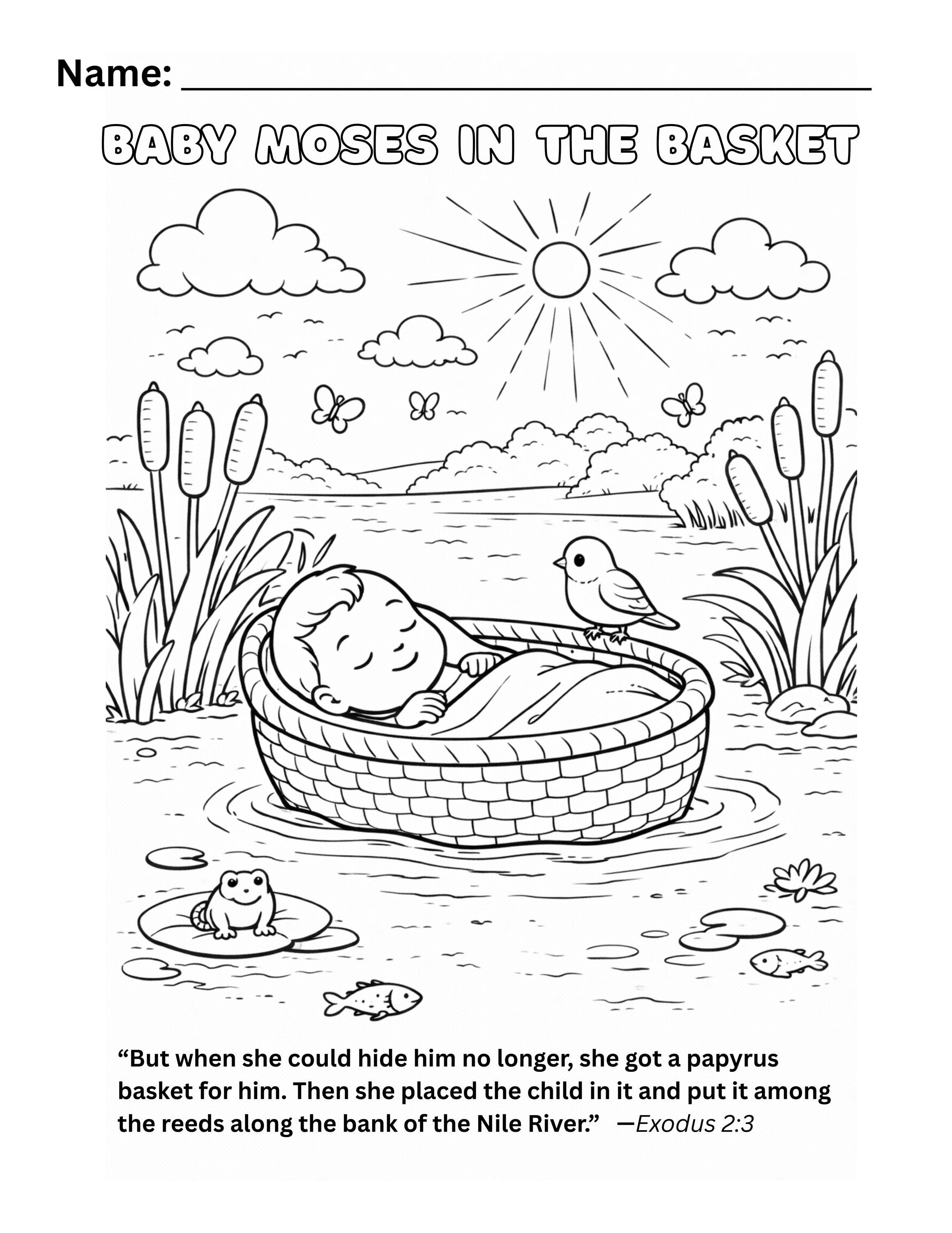 Baby Moses Coloring Page Printable, Moses in the Basket Bible Story for ...