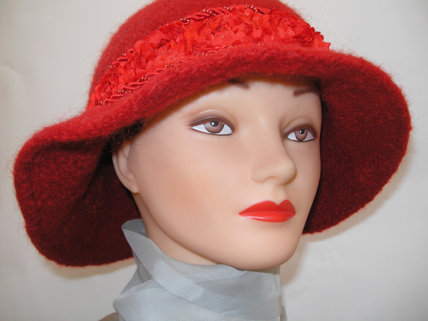 Red Felted Hat / Felted Red Hat / Red Hat With Flower Band / Red Wool ...