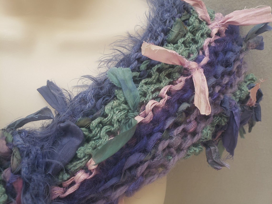 Colorful Sari Silk Scarf / Knitted Scarf With Recycled Sari Silk Ribbon ...