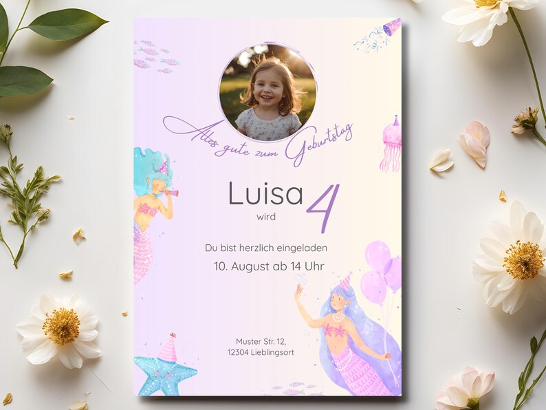 Digital Mermaid Birthday Invitation for Girls With Photo, Personalized ...