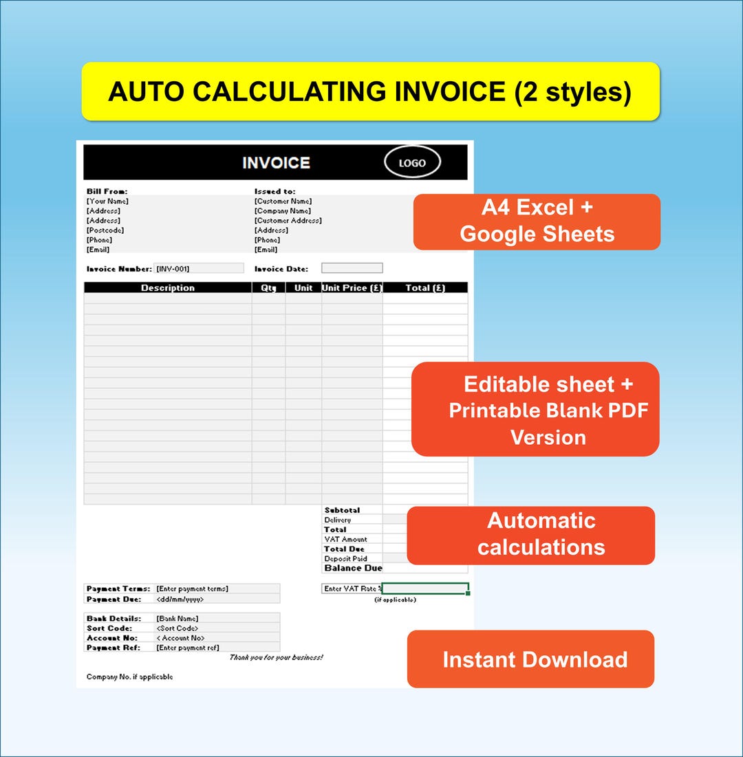 Auto Calculating Invoice Template for Small Business (excel) - Etsy