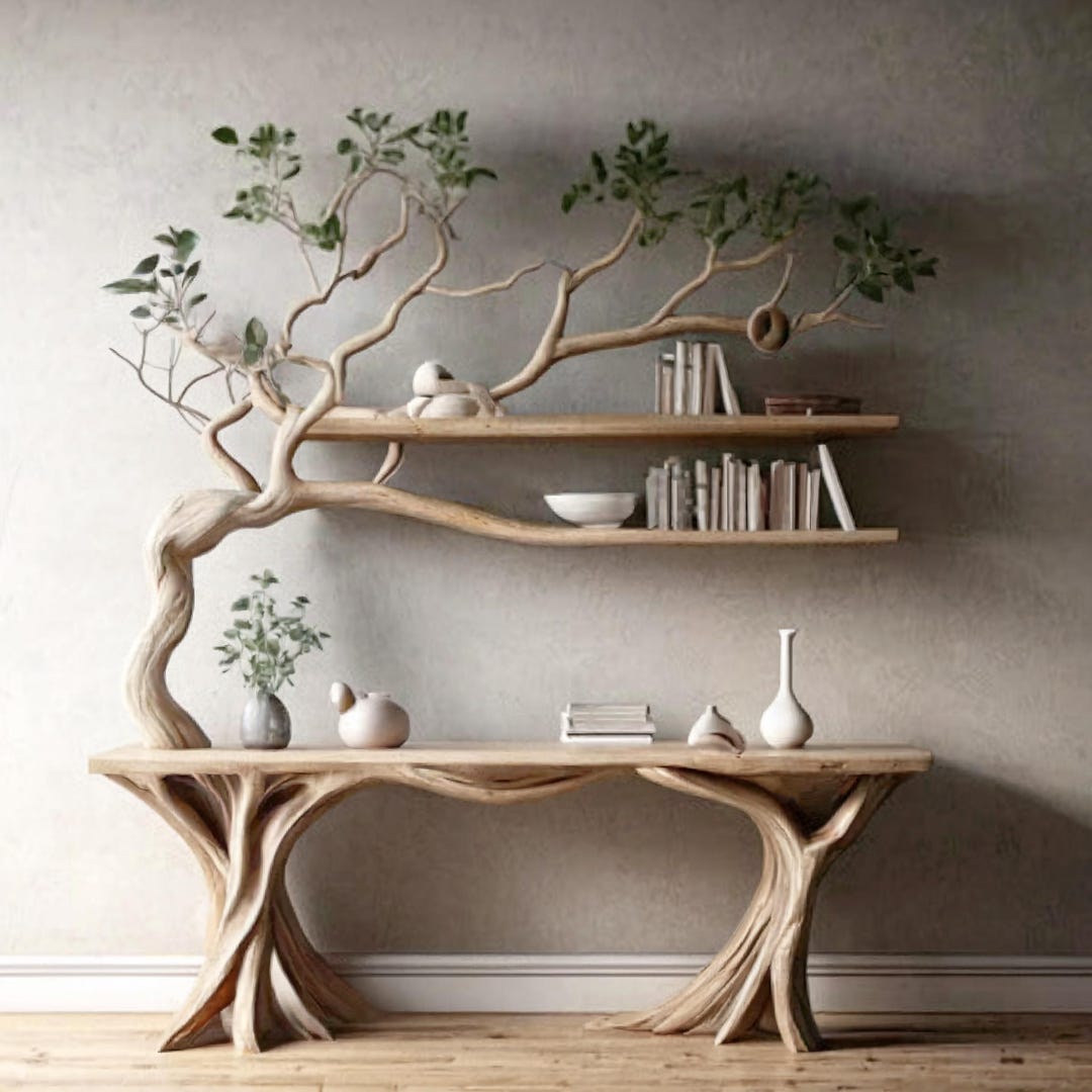 Handmade Rustic Console Table With Tree Branch Bookshelf – Live Edge ...