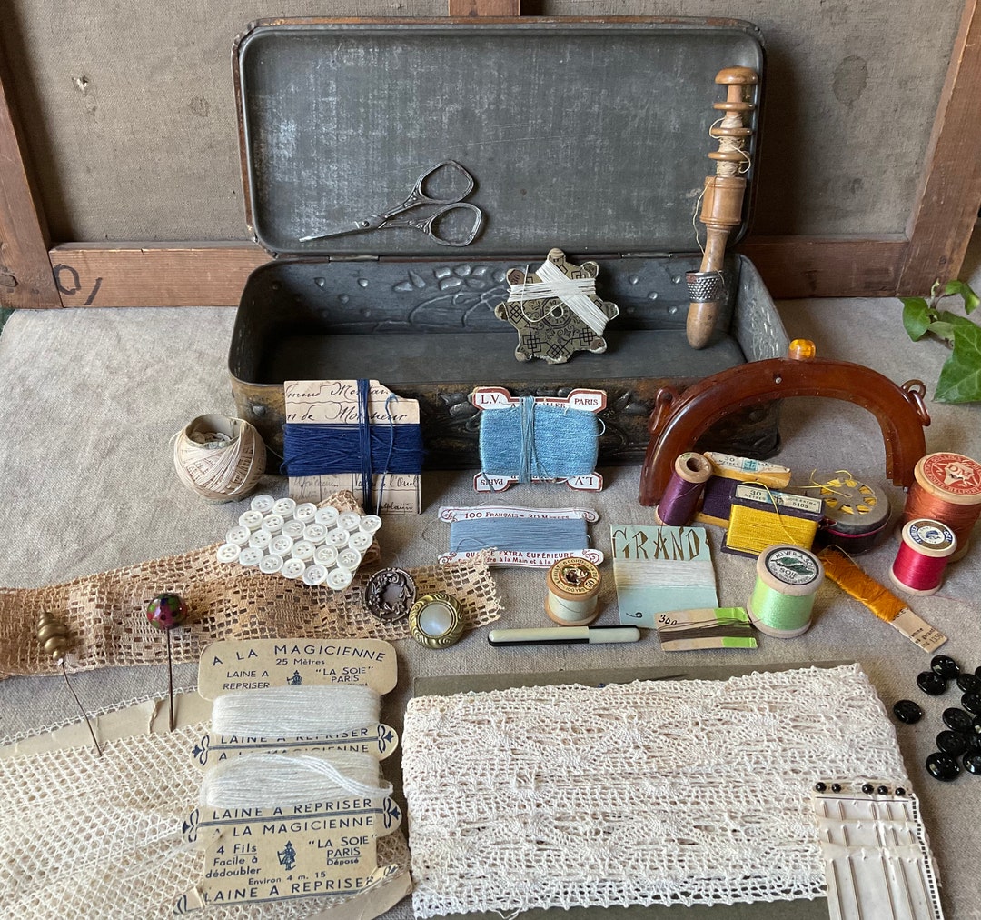 Art Nouveau, French Vintage Sewing Items, Metal Box, Laces, Wood Spools ...