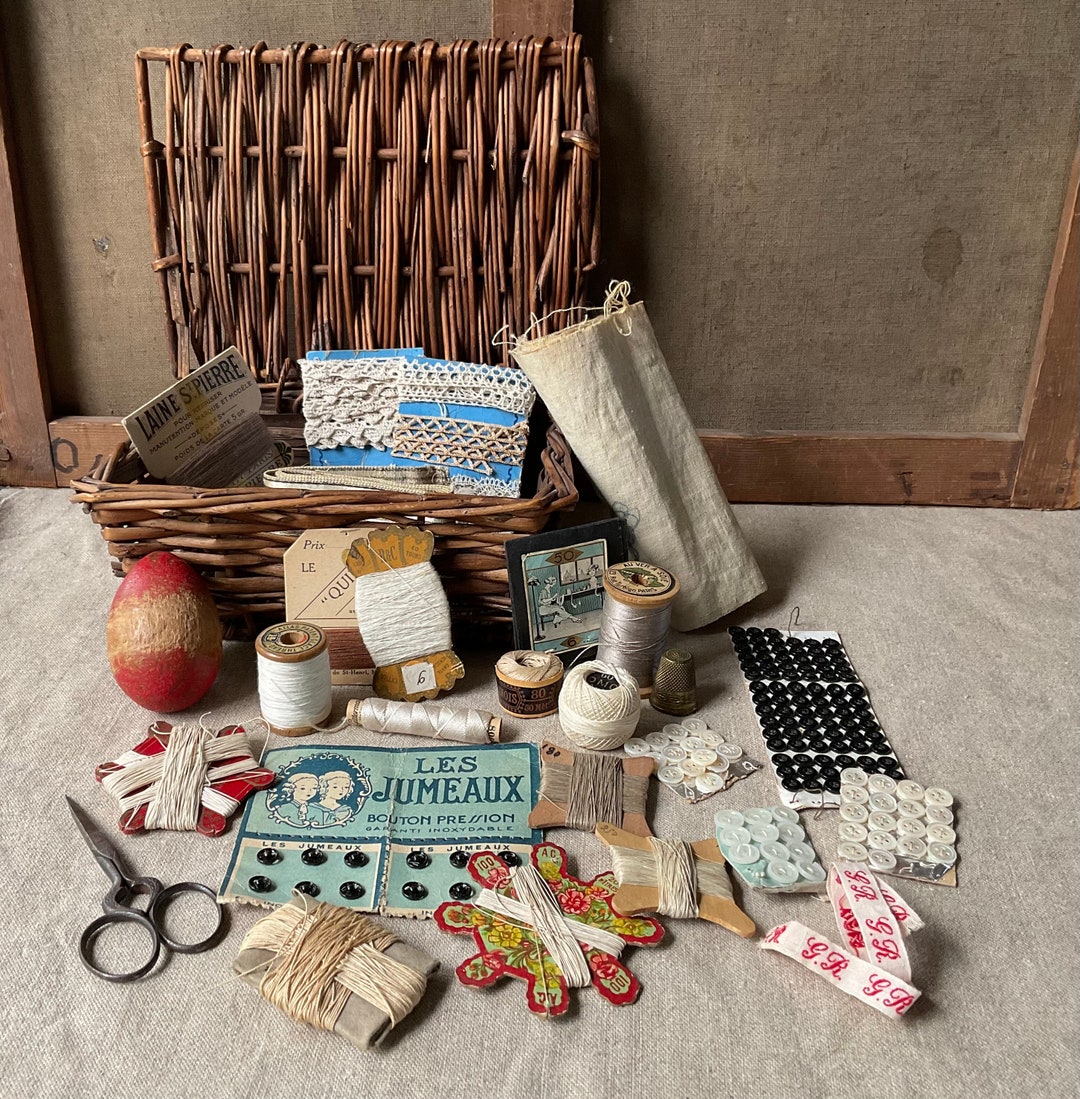 French Vintage Sewing Items in a 19th Wicker Box, Laces, Scissors ...