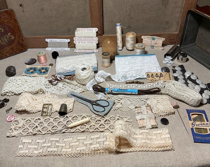 French Vintage Sewing Items in a Metal Box, Haberdashery, Laces ...