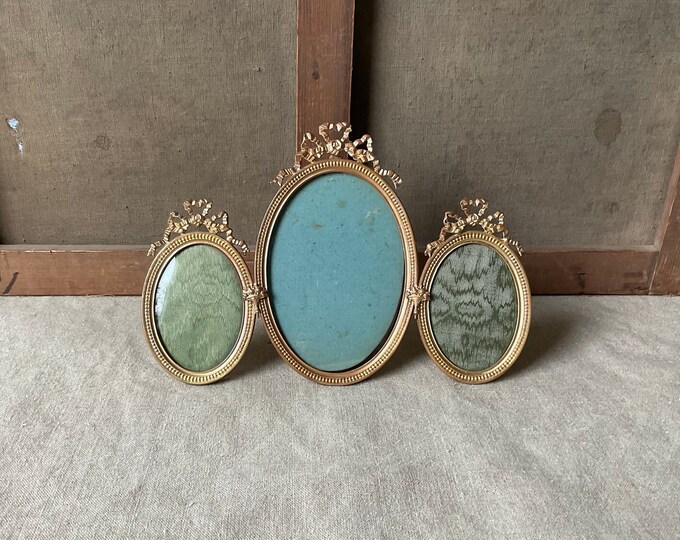 French Vintage Triptych Frame for Photo, 19th Handmade, Golden Bronze, Curved Glasses - Etsy