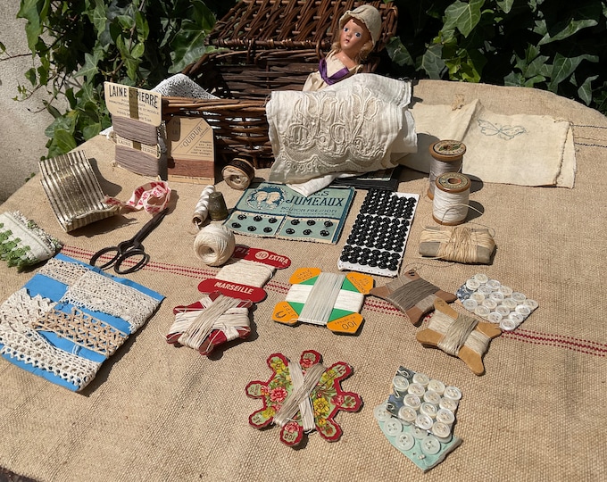 French Vintage Sewing Items in a 19th Wicker Box, Laces, Scissors ...