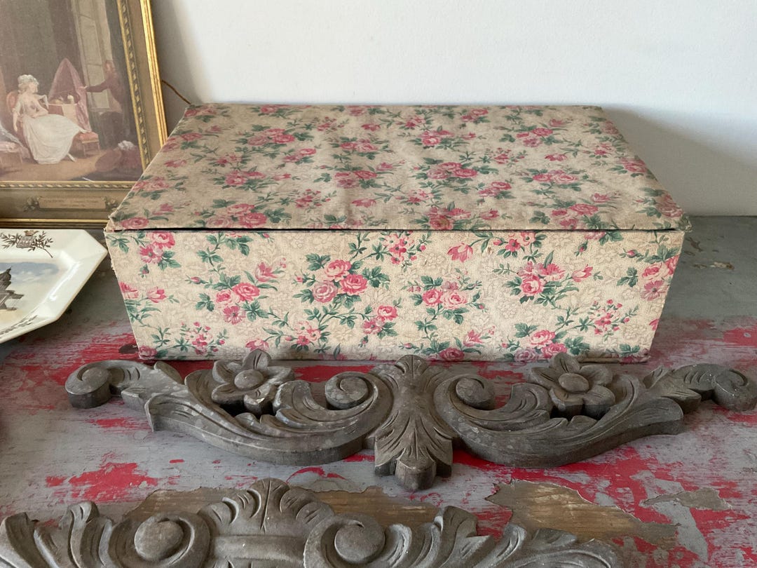 French Vintage Very Large Box Covered With Flowering Fabric, 1920 ...