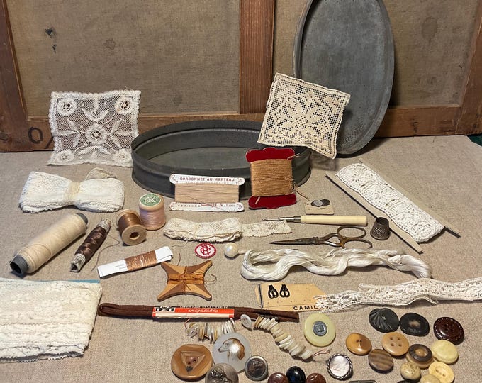 French Vintage Sewing Items in a Metal Box, Haberdashery, Laces ...