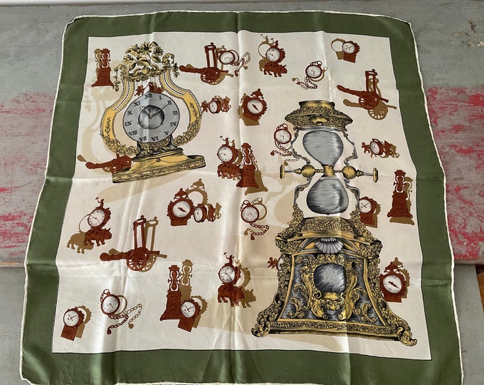 Scarf Silk, French Vintage Square Scarf, Handmade, Relating Clocks ...