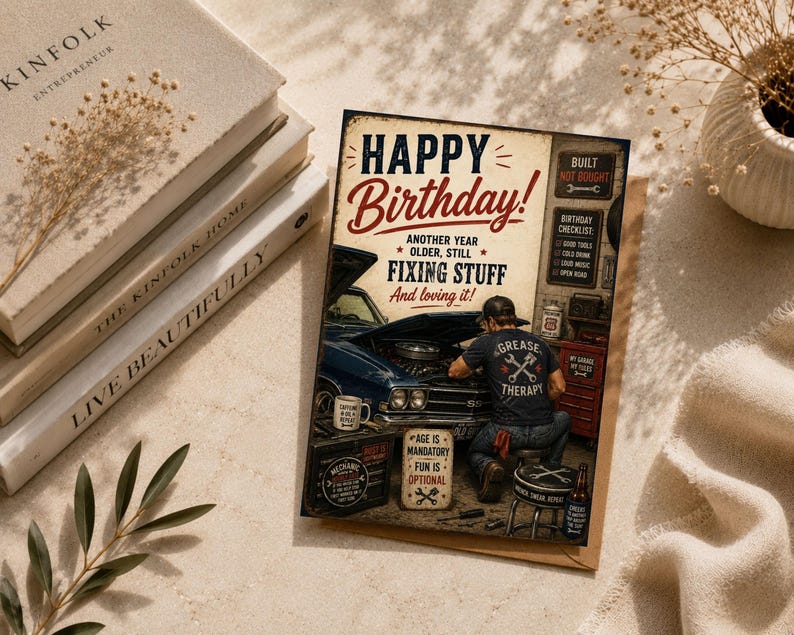 Funny Mechanic Birthday Card, Car Lover Garage Humor, Vintage Style ...