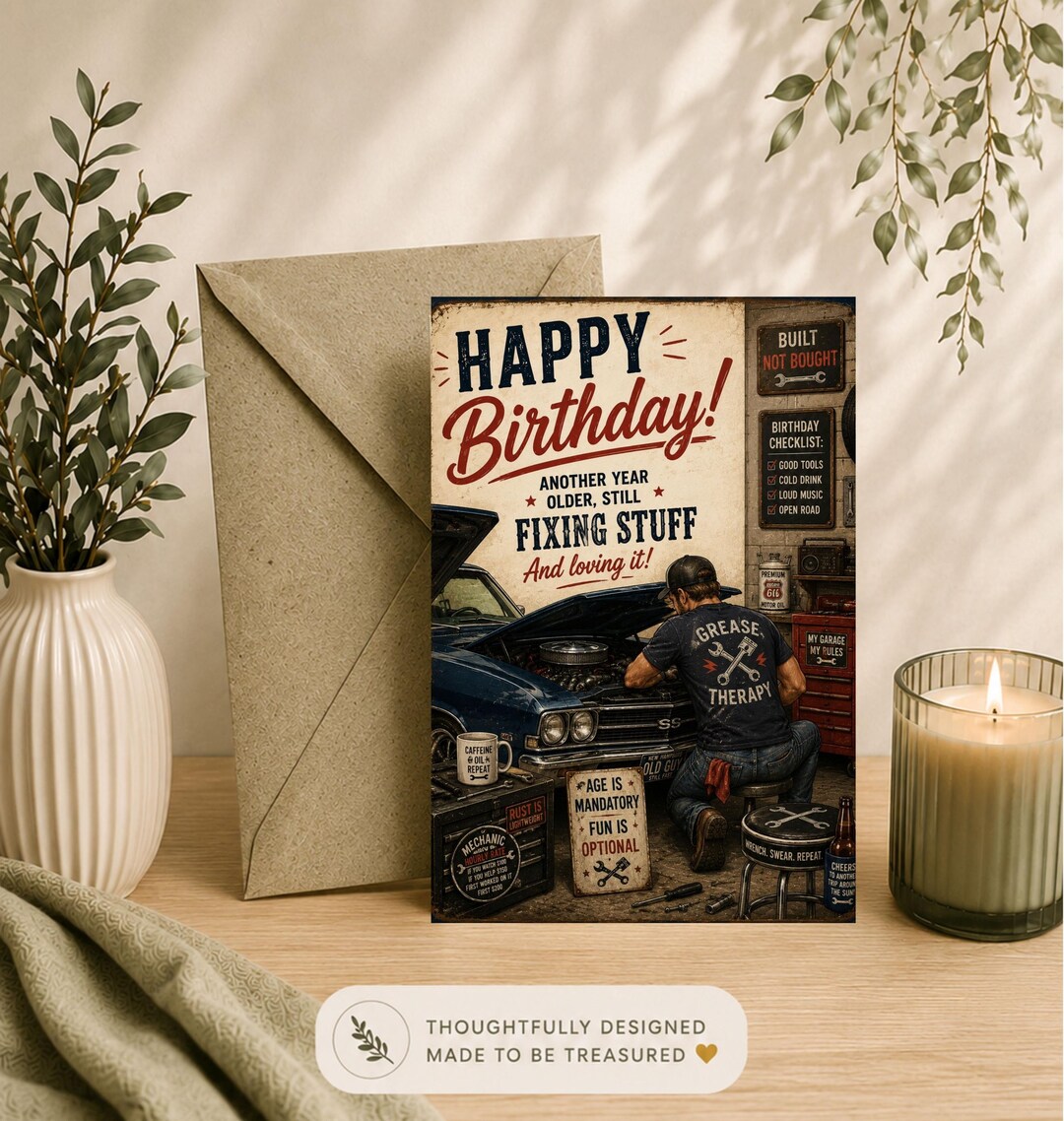 Funny Mechanic Birthday Card, Car Lover Garage Humor, Vintage Style ...